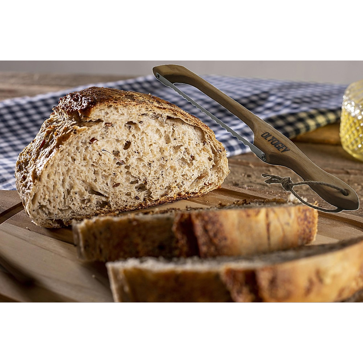 BREAD Knife islice.ca Bagel Knife - solid oak bow bread slicer for homemade bread - 17 inch - easy grip handle. For sourdough loaf & baguettes, easily slices crusty and hot loaves premium kitchen gift