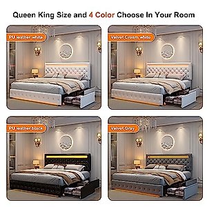 Queen Led Bed Frame with 4 Storage Drawers, with Smart Control RGBW LED Lights Headboard Footboard, Control DIY Color, Box Spring Optional, PU White