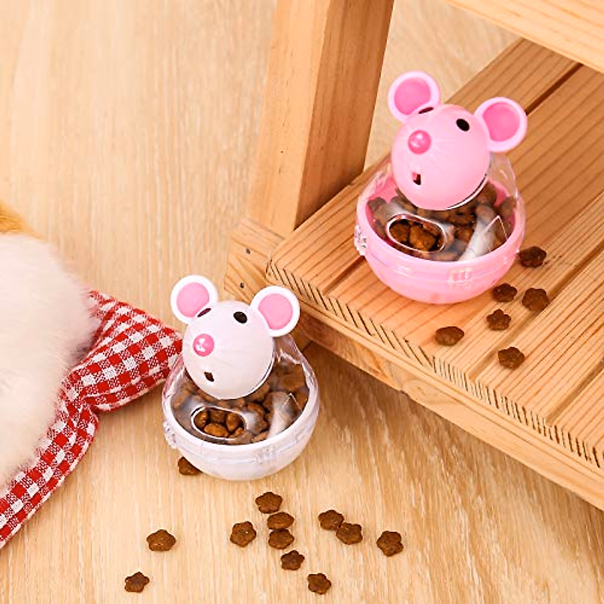 PORTOWN 4 Pcs Cat Food Ball Dispenser, Small Cat Food Balls Slow Feeder Mice Shaped Tumbler Cat Food Toy Cat Treat Toy Feeder Toy for Interactive Training(Pink,White)