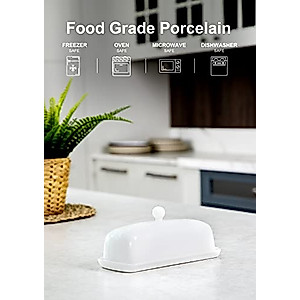 Nucookery Porcelain Butter Dish - Clean Table Design - Ceramic Butter Dishes with Lid for Countertop with Raised Non-Slip Strip - Holds 1 Standard Butter Stick - Easy to Clean & Dishwasher Safe. White