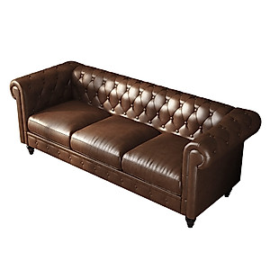 Lunanniu 88.2 Inch Classic Chesterfield Style PU Leather Sofa Rolled Arms Couch with Tufted Back Solid Wood Legs 3-Seater Couch for Living Room Elegant and Timeless Design Comfortable Seating Brown