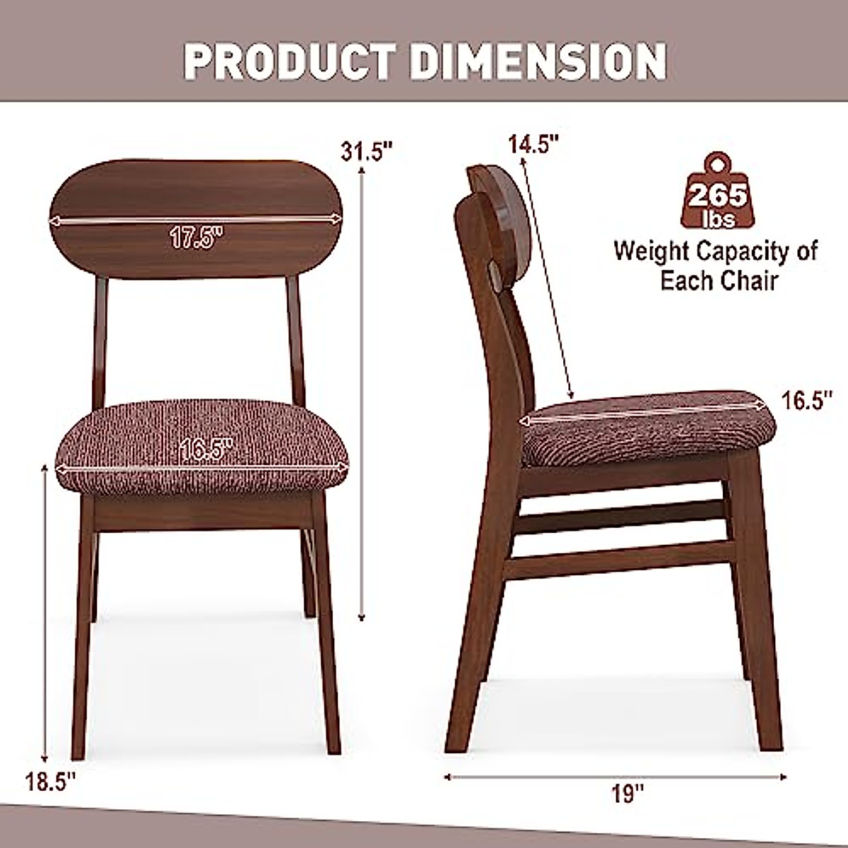 Giantex Wooden Dining Chairs Set of 2 Walnut, Farmhouse Kitchen Chairs with Padded Seat, Rubber Wood Frame, Armless Mid-Century Dining Room Chair with Curved Back, Walnut