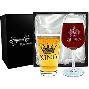 King Beer & Queen Wine Glass Set | Beautiful Gift for Newlyweds, Engagements, Anniversaries, Weddings, Parents, Couples, Christmas - Novelty Drinking Glassware (King Beer & Queen Wine Glass Set)