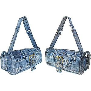 Bijoux De Ja Upcycling Blue Denim Jeans Punk Brass Rivet Studded Buckle Belt Decorative Barrel Shoulder Handle Handbag Purse