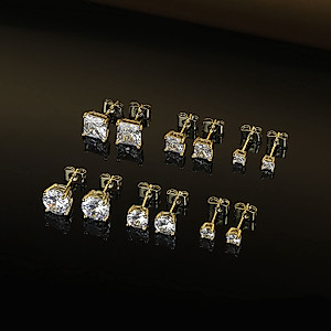 DwearBeauty 6 Pairs Gold Plated Cubic Zirconia Earrings Pack，Round Cut and Princess Cut Earrings for Men and Women