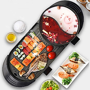 Electric Grill Hot Pot 2 in 1, Indoor Smokeless Grill Teppanyaki Grill w/ Non Stick Pan Shabu Shabu with Black