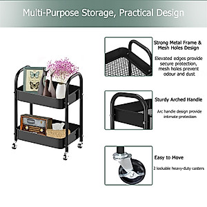Melody House 2 Tier All-Metal Rolling Cart,Rolling Storage Cart with Handle and Locking Wheels Kitchen Cart,Laundry Office Bathroom Storage Organizer Cart with Wheels, Black