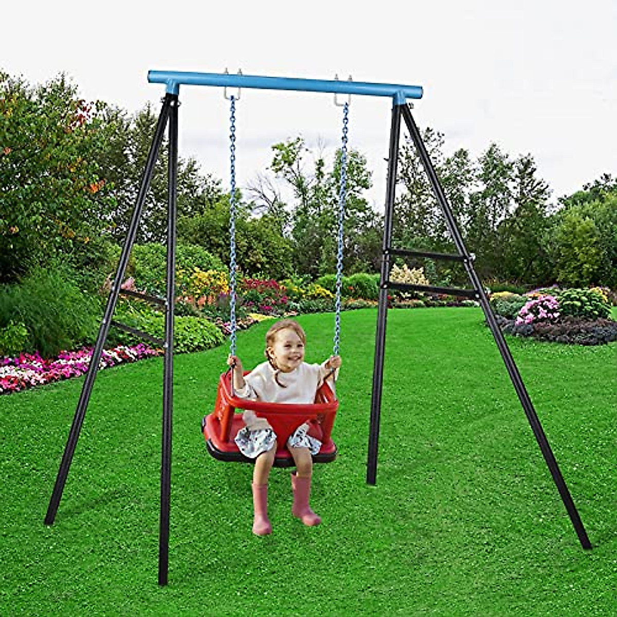 LMYE Swing Stand, New Upgraded Extended Metal Swing Frame with Ground Nail for Most Swings, Length 36", Height 72.8" Saucer Swing NOT Included