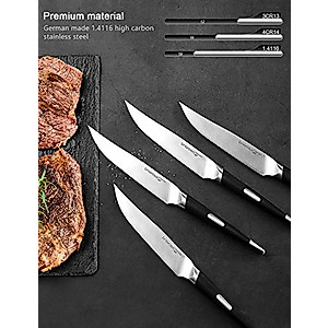 Linoroso Steak Knives, Semi Serrated Steak Knife Set of 4, Sharp Forged German Stainless Steel Steak Knives Set with Exquisite Beech Wood Block, Full Tang, Ergonomic Handle- MAKO Series