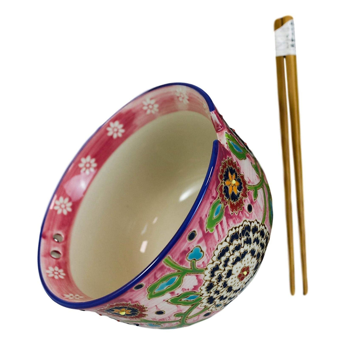 Ebros Mandala Floral Blooms With Pink Polkadot Art Splash Ramen Udon Noodles Large 6.25" Diameter Soup Bowl With Built In Rest and Bamboo Chopsticks Set for Rice Pasta Salad