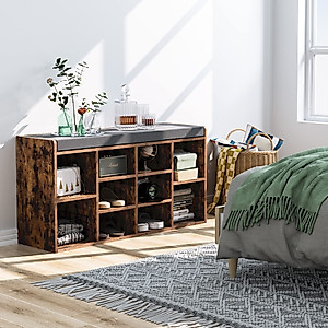 vinform Shoe Cabinet Storage Bench with Cushion, 10-Cube Shoe Storage Bench for entryway, Holds up to 220lbs, Rustic Brown