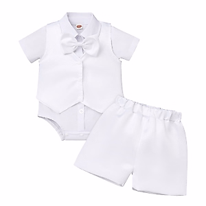 Baptism Christening Outfits for Boys Baby Formal Suit Gentleman Bowtie Romper Vest Shorts Pants White Wedding Tuxedo Outfits 1/2 1st/2nd Birthday Cake Smash Clothes 3PCS Set White 0-6 Months