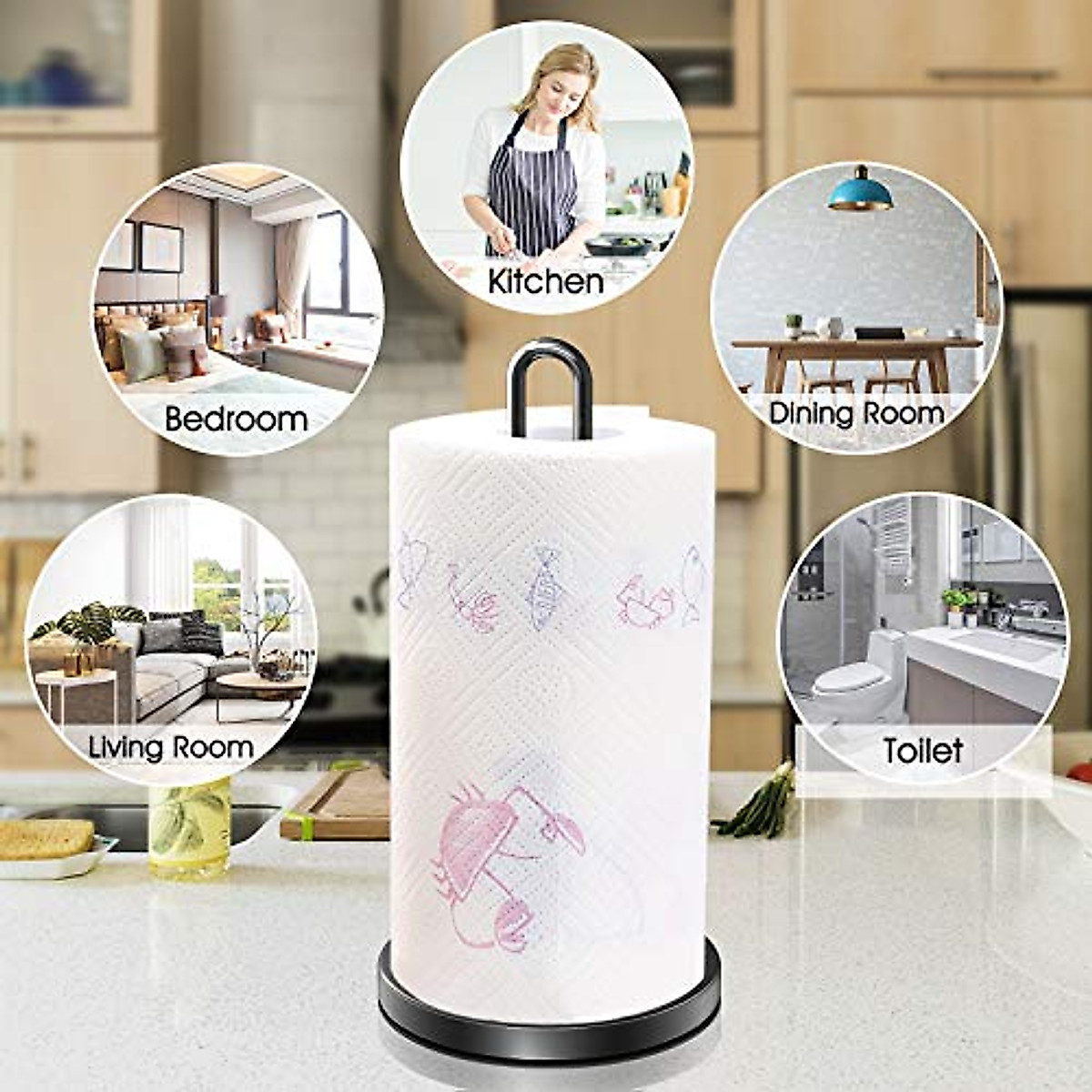 DDF iohEF Black Paper Towel Holders, Stainless Steel Paper Towel Holder, Paper Towel Stand Countertop Dispenser with Weighted Base - fits in Kitchen or for Bathroom