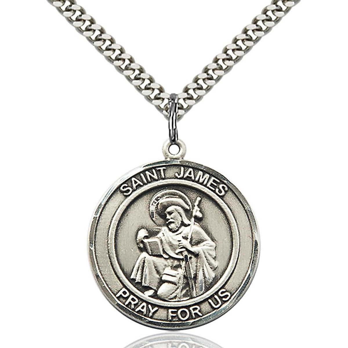 Bonyak Jewelry Saint Medal Collection Sterling Silver St. James the Greater Pendant 1 x 5/8 inches with Heavy Curb Chain
