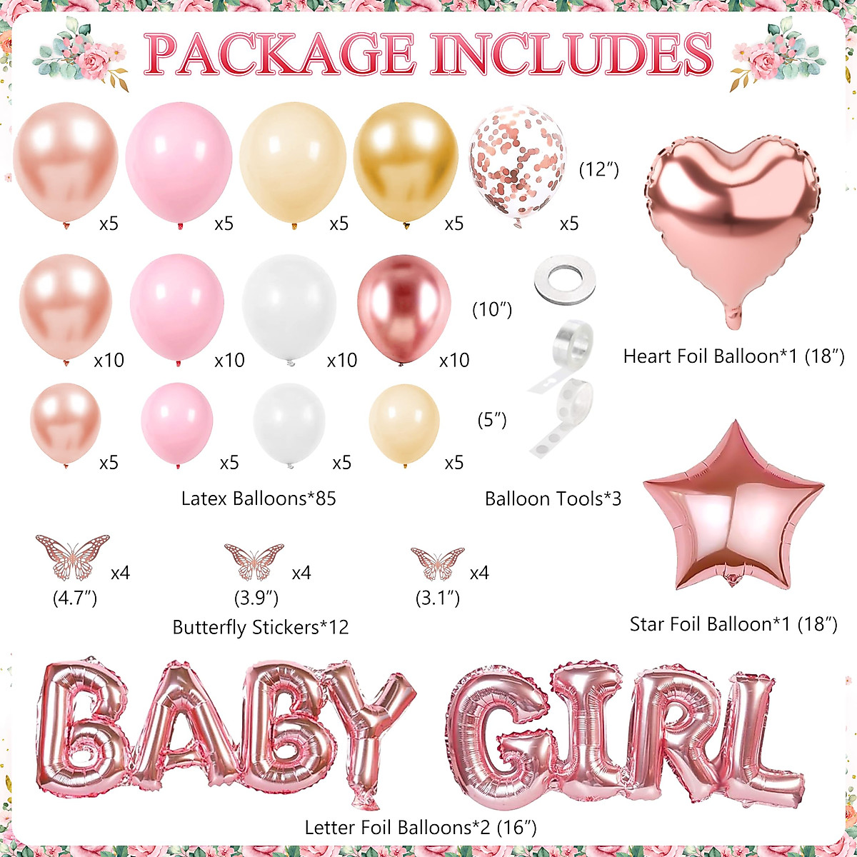 Baby Shower Decoration for Girl Baby Girl Pink Rose Gold Baby Shower Decoration Floral Gender Reveal Party Supplies with It's a Girl Backdrop Balloon Arch Baby Box with Letter Butterfly Sticker