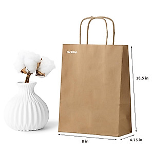 FACEBAG 50-Pack Brown Paper Bags with Handles Bulk, 8x4.25x10.5 Inches,Medium-sized Gift Bags with Handles for Party Favors，Take-Out，Grocery Shopping & Retail，Reusable & Durable