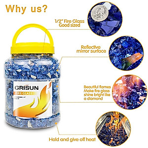 GRISUN Cobalt Blue Fire Glass for Fire Pit 1/2 Inch High Luster Reflective Tempered Glass Rocks, 18 Inch Fire Pit Burner Ring and Installation Kit