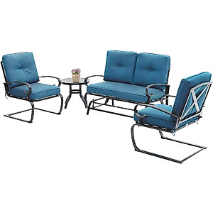 Incbruce 4Pcs Outdoor Metal Furniture Patio Conversation Sets (Glider, Bistro Table, 2 Spring Lounge Chairs) - Wrought Iron Outdoor Glider Chairs Sets (Peacock Blue)