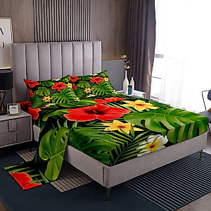 Tropical Palm Sheet Set for Kids Boys Girls,Green Red Yellow White Flower Leaf Bed Sheets Twin,Hawaii Vacation Bedding Set,Botanical Floral Fitted Sheet Deep Pocket + Flat Sheet + 1 Pillowcase