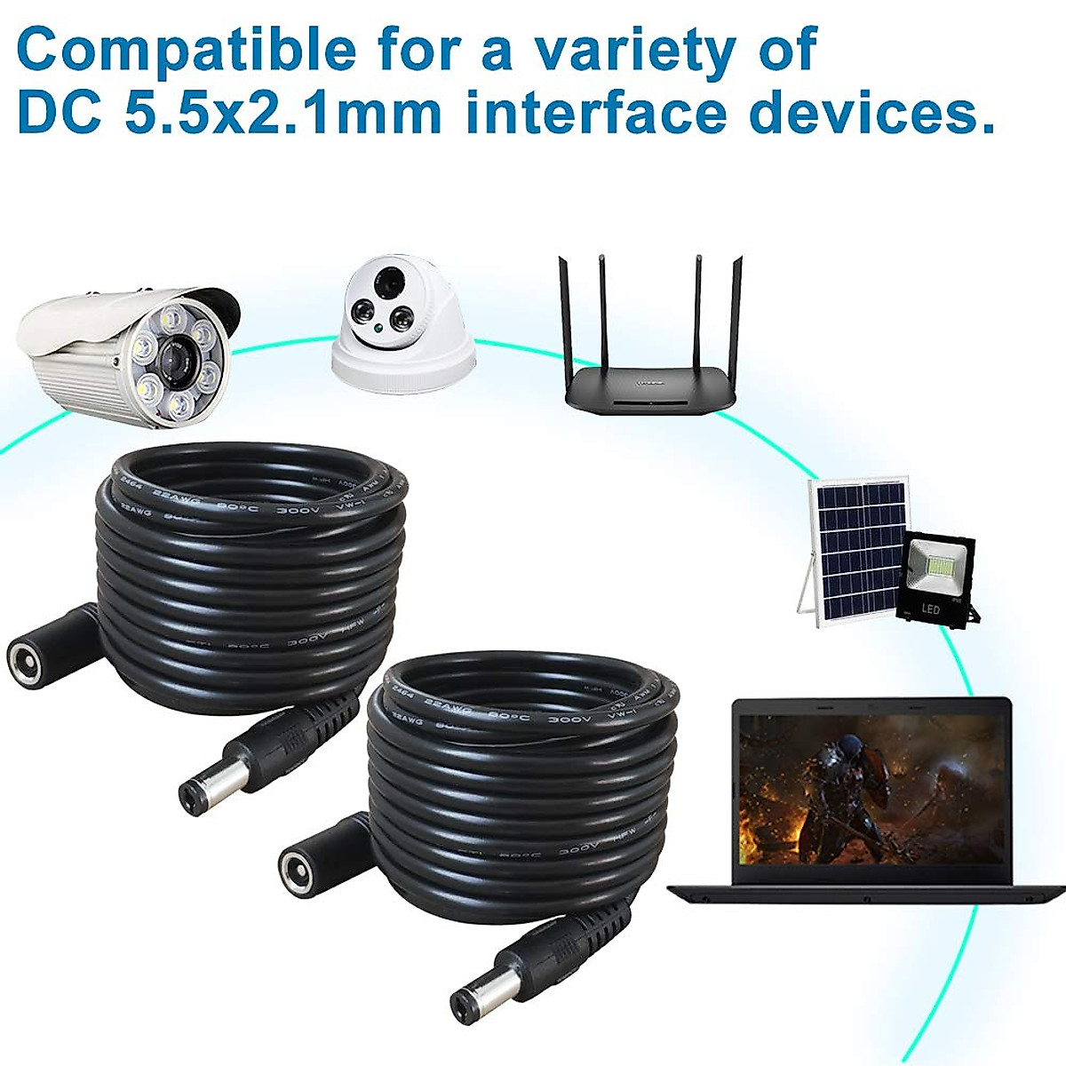 SIOCEN 2-Pack 10FT DC Power Extension Cable,5.5mm x 2.1mm Extension Cord,12v Extension Cord for Security Camera CCTV IP,Router,LED Strip,5V 9V 24V 12 Volt Male to Female Plug Supply Adapter Power Cord