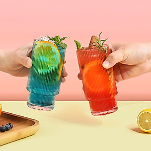 ALINK Ribbed Glassware Drinking Glasses with Straws Set of 8, Vintage Fluted Glassware Iced Coffee Cups, Ridged Glass Tumbler for Coocktail, Whiskey, Beer, Water- 2 Brush