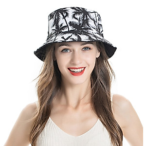 ZLYC Unisex Cute Print Bucket Hat Summer Travel Fisherman Cap for Women Men Teens (Palm Tree Black)