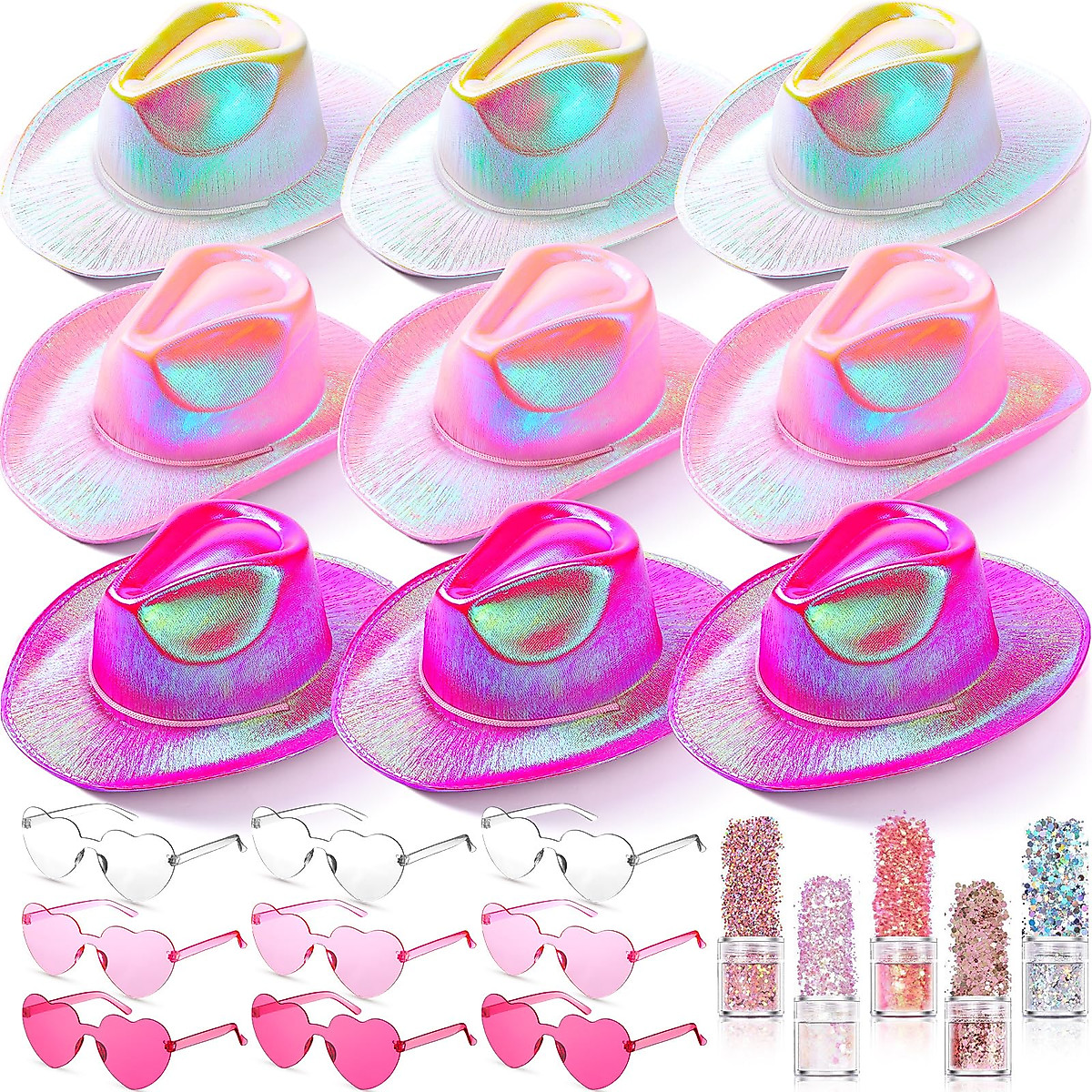 Coume 23 Pcs Cowboy Light up Hat Bulk Flashing Holographic Cowgirl Hats with Heart Sunglasses for Women Costume Accessories(Pink, White, Rose Red, Cute Style)