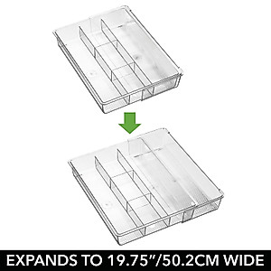 mDesign Adjustable, Expandable Plastic In-Drawer Utensil Organizer Tray Deep 5 Section Divided for Kitchen Organization; Holds Cutlery, Flatware, Silverware, Cooking Utensils, Ligne Collection, Clear