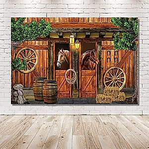 MEHOFOND 10x7ft One Wild West Stable Backdrop Texas Western Cowboy Horse in Barn Baby Shower Wheels Mews Photography Background Travel Party Events Photo Studio Props