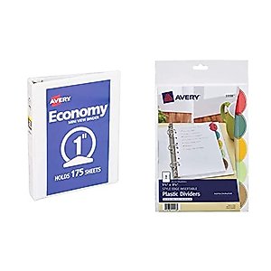 Avery Mini Economy View Binder with 1 Inch Round Ring, 5.5 x 8.5 inches, White, 1 Binder (5806) & Style Edge Insertable Plastic Dividers, 5.5 x 8.5 Inches, 5-Tab Set, 1 Set (11118)