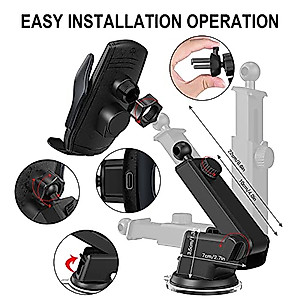 Wireless Car Charger Mount, 15W Qi Fast Charging Auto-Clamping Cell Phone Car Holder ​Air Vent Windshield Dashboard Long Arm Suction Cup Car Phone Mount for iPhone13 /12/11 Samsung S20/S10/S9/S8 LG