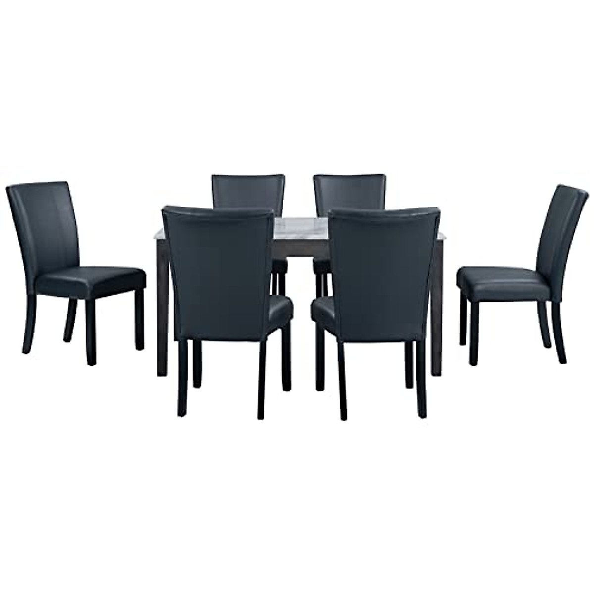 YUNLife 7-Piece Kitchen Dining 6, Faux Marble Rectangular Table with PU-Leather Chairs & 2 Drawers for Living Room, Breakfast Nook, Dinette Furniture Sets, Black59.7”x34.5”x30”