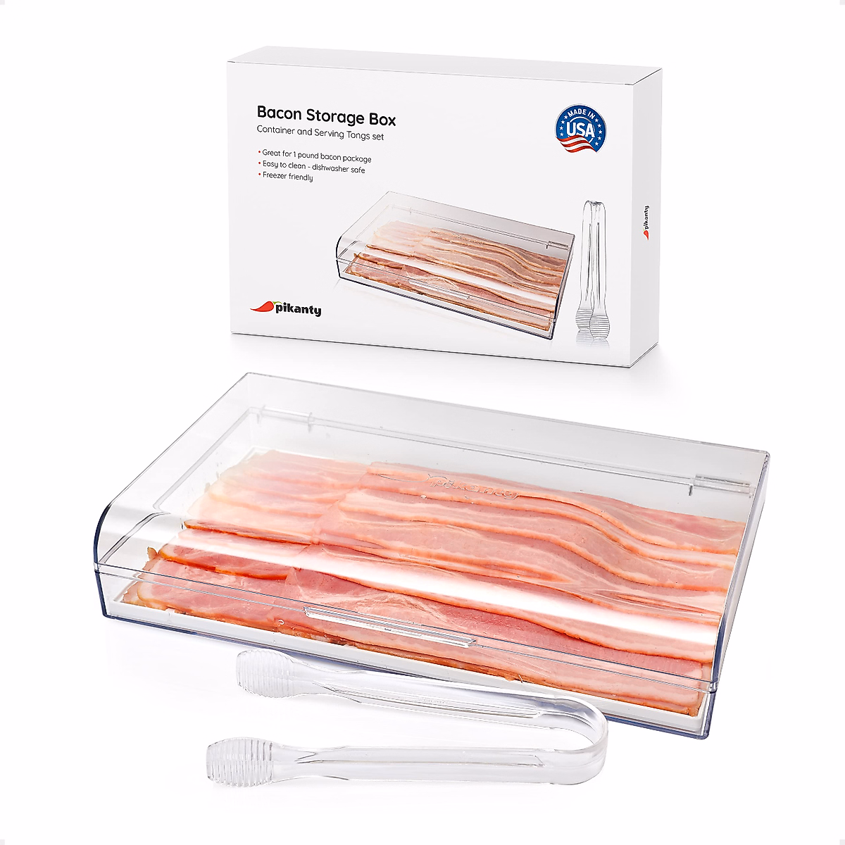 Pikanty - Bacon Container for Refrigerator | Fridge Storage and Deli Meat Keeper with Food Serving Tongs and Drain Plate | Dishwasher Safe | Made in USA