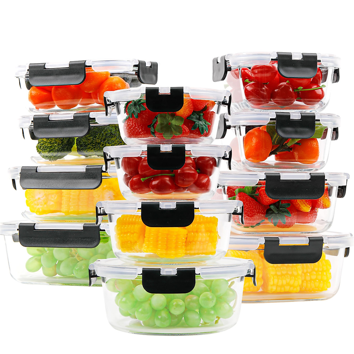 kakw12 Packs Glass Food Storage Containers,Glass Meal Prep Container for Lunch,can be used in the Microwave, Oven, Freezer and Dishwasher,with Upgraded Snap Locking Lids. (12 Packs)