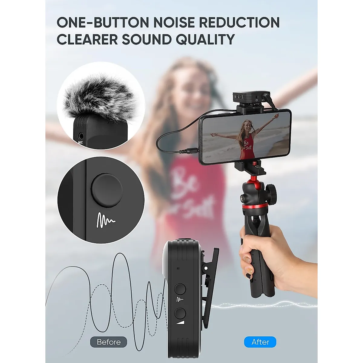 Moman Wireless Lavalier Microphone, 2.4GHz Compact Wireless Lapel Mic System with Noise Cancellation Transmission 8H Battery Life for DSLR Cameras/Smartphone/Tablet/Live Streaming (C1 Solo)