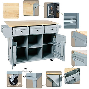LUMISOL Kitchen Island with Drop Leaf, Rolling Kitchen Island Cart with Internal Storage Racks, Wood Kitchen Island on Wheels with Drawers, Spice Rack & Towel Rack, for Kitchen, Gray Blue