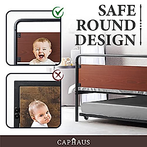 CAPHAUS Round Corner Metal Daybed Frame with Trundle, Twin Bed and Trundle Set, Mattress Foundation with Steel Slat Support and Roll Out Trundle Accommodate, Premium Steel, P2 Grade Walnut Wood Board