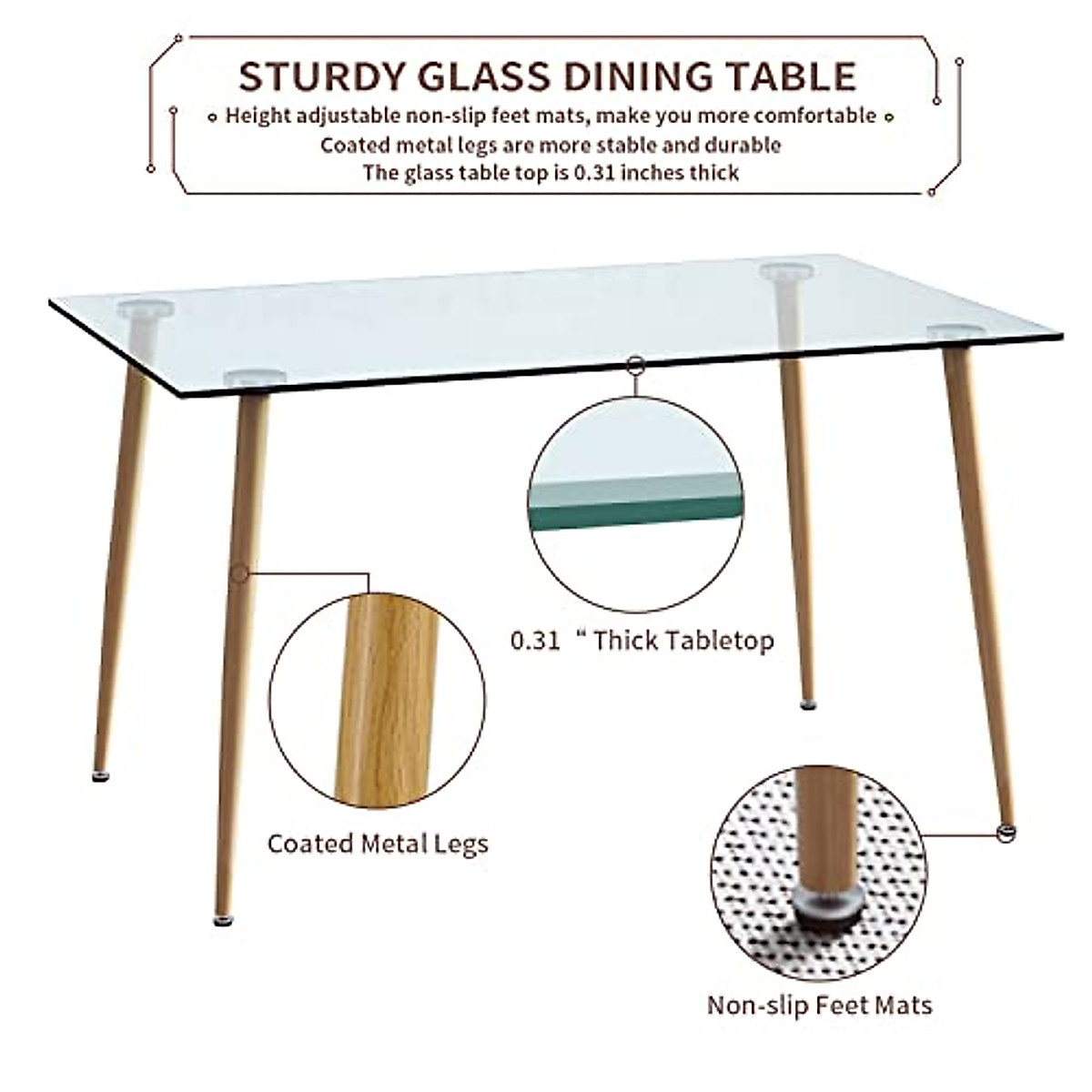 Glass Dining Table Set for 4, 51 inch Dining Table & Chair Sets with Light Wood Metal Legs for Kitchen, Modern Rectangle Tempered Glass Table Top and Transparent Plastic Dining Chair for Dining Room