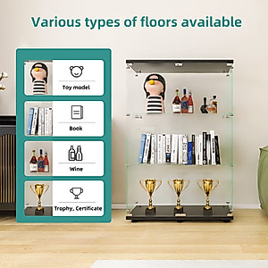 LFT HUIMEI2Y Glass Display Cabinet 3-Shelf with Double Door, Curio Cabinets Fast Installation in 30 Mins, 5mm Tempered Glass Floor Standing Bookshelf for Bedroom, Living Room 49.1”x 31.7”x 14.4” Black