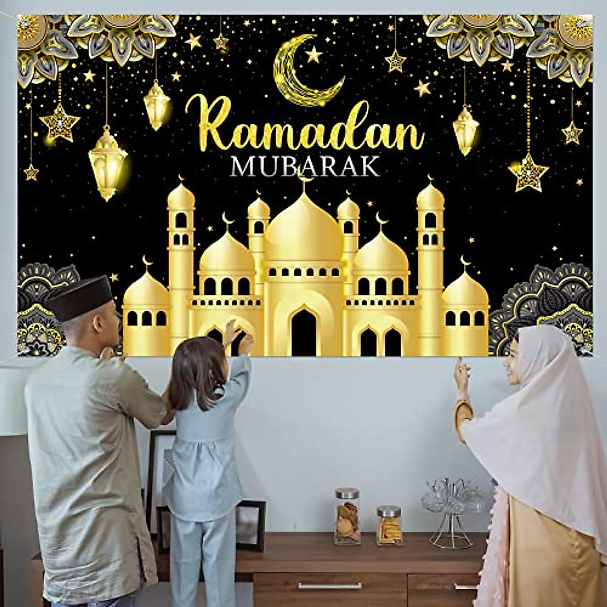 Ramadan Mubarak Decorations Backdrop Banner Muslim Ramadan Kareem Background Eid Mubarak Sign Photo Booth Backdrop Background for Home Muslim Ramadan Eid Al Fitr Party Supplies (Black)