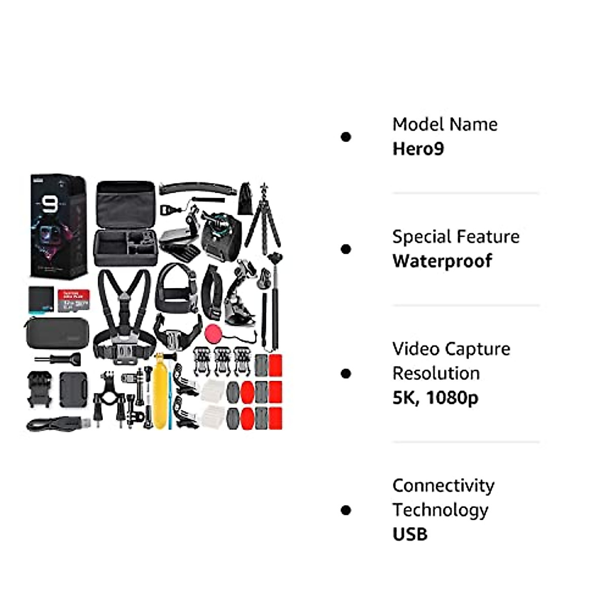 GoPro HERO9 Black - Waterproof Action Camera with Front LCD, Touch Rear Screens, 5K Video, 20MP Photos, 1080p Live Streaming, Stabilization + 32GB Card and 50 Piece Accessory Kit - Action Kit