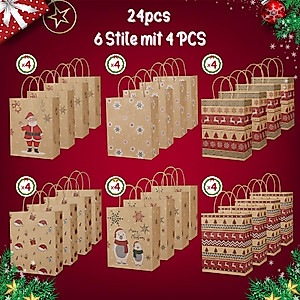24-Pack Christmas Gift Bags, 6 Designs Christmas Kraft Paper Bags, 8.26x5.9x3.14 Inches with Handles Xmas Gift Bags, Suitable for Holiday Kraft Paper Gift Bags, Christmas Gift Bags, Party Gift Bags