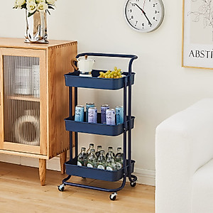 TUKAILAi 3-Tier Rolling Storage Cart with Lockable Wheels and Ergonomic Handle, Slide Out Utility Shelving Unit Organizer Serving Trolley Clearing for Kitchen Bathroom Laundry Bedroom (Dark Blue)