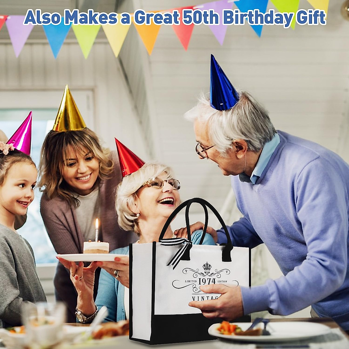 50th Birthday Gift for Women, Canvas Tote Bag for Women 1974, Keepsake Gift for Her Turning 50, 50th Birthday Party Decorations, Great 50th Birthday Gift Packaging Bags, 50th Birthday Gifts for Her