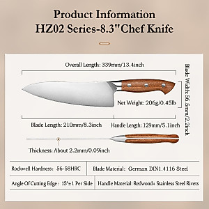 HEZHEN Pro Chefs Knives 8.3 Inch,High Carbon German 1.4116 Steel,Stainless Steel Rivets with Red Wood Handle，Razor Sharp,Super Edge,with Woodern Knife Sheath