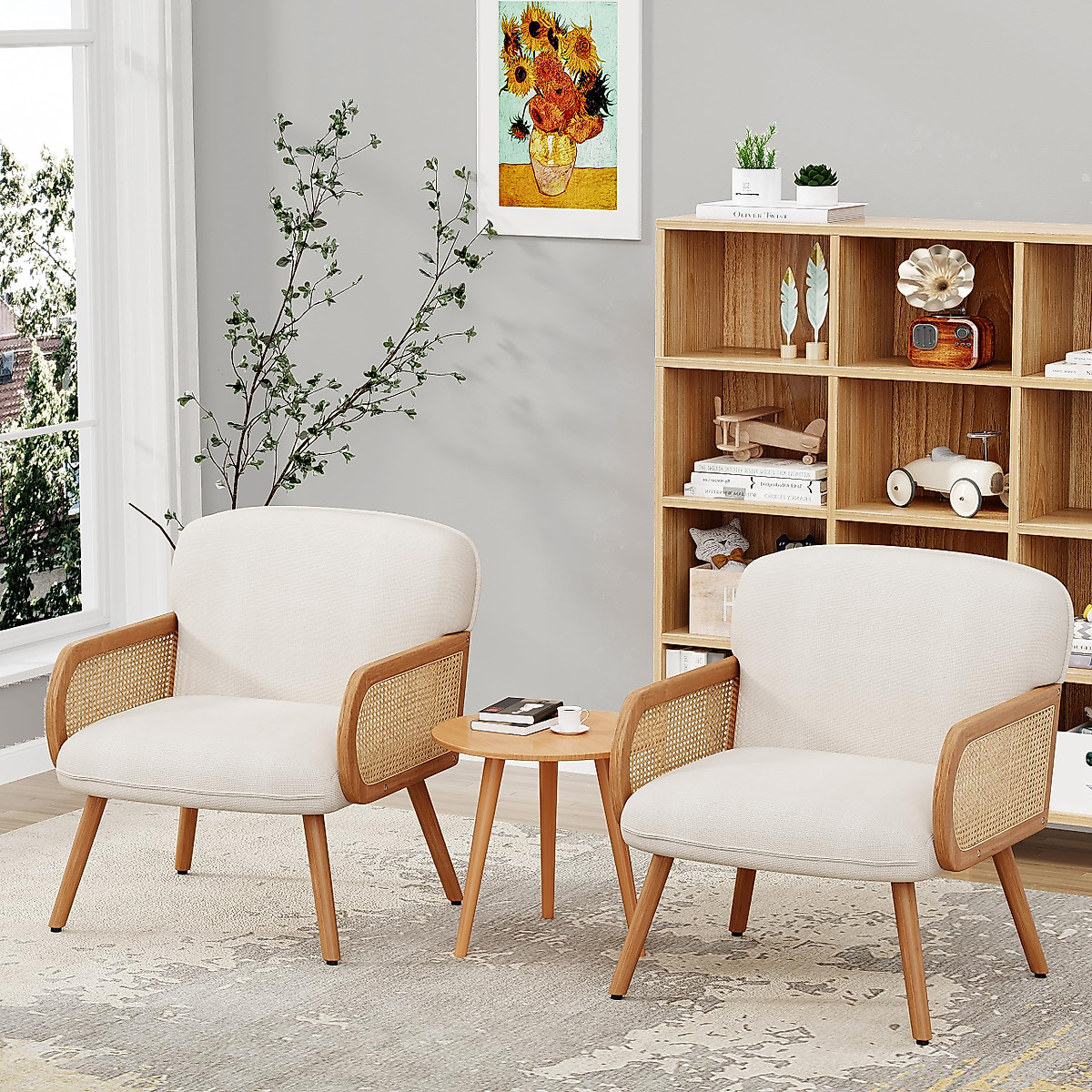 Andeworld Accent Chair with Rattan Arms,Upholstered Mid Century Modern Living Room Armchair, Side Club chair with Burlap Linen Fabric for Living Room Bedroom Balcony, Beige