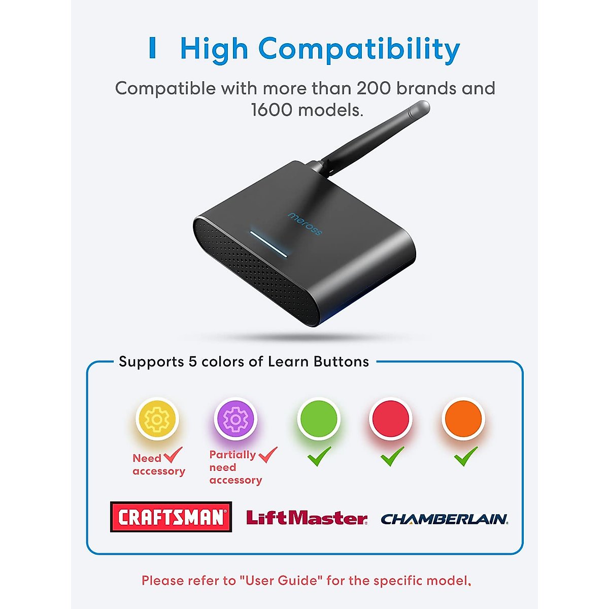 meross Smart Garage Door Opener Remote with External Antenna, Up to 3 Single Doors, APP Control, Compatible with Amazon Alexa, Google Assistant, SmartThings