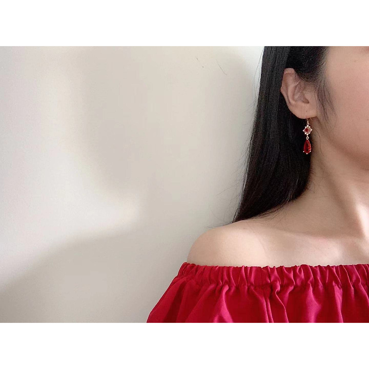 MOMOCAT 18K Gold Plated Artificial Ruby Red Teardrop Earrings for Women Dangle Vintage Jewelry Statement Chandelier Dangling Christmas Art Deco Crystal Unique Antique Hook Warrings for Women