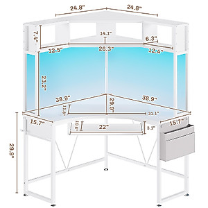 SEDETA Corner Desk, Small Computer Desk with Hutch & LED Lights, Triangle Corner Computer Desk with Keyboard Tray, Storage Bag, and Headphone Hook for Small Space, Small Office Desk, White