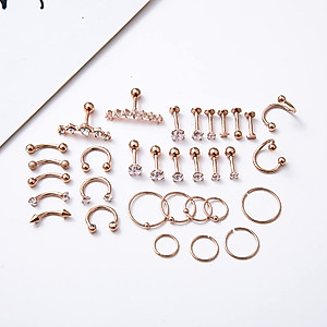 REVOLIA 32Pcs Stainless Steel Cartilage Stud Earrings for Women Conch Helix Tragus Daith Conch Hoop Earing Piercing Jewelry Set Rose-Gold